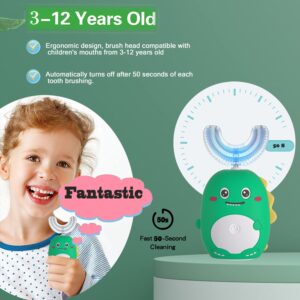 ZMRZ Kids Sonic Toothbrush with U-Shaped, Wireless Charging，Automatic Toothbrush with 3 Gear Speed, 2 Brush Heads, IPX7 Waterproof, Dinosaur Cartoon Modeling Design for Child 2-12 Years