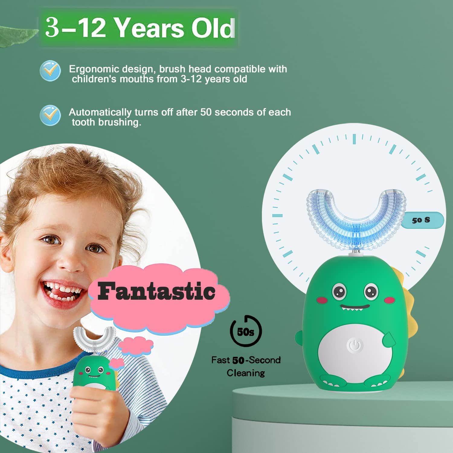 ZMRZ Kids Sonic Toothbrush with U-Shaped, Wireless Charging，Automatic Toothbrush with 3 Gear Speed, 2 Brush Heads, IPX7 Waterproof, Dinosaur Cartoon Modeling Design for Child 2-12 Years