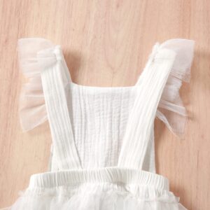 2pcs Summer Baby Girls Romper Dress Headband Knitted Lace Fly Sleeve Solid Ruffles Jumpsuits Clothing(White, 6-12 Months)