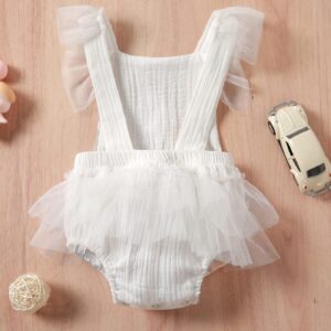 2pcs Summer Baby Girls Romper Dress Headband Knitted Lace Fly Sleeve Solid Ruffles Jumpsuits Clothing(White, 6-12 Months)