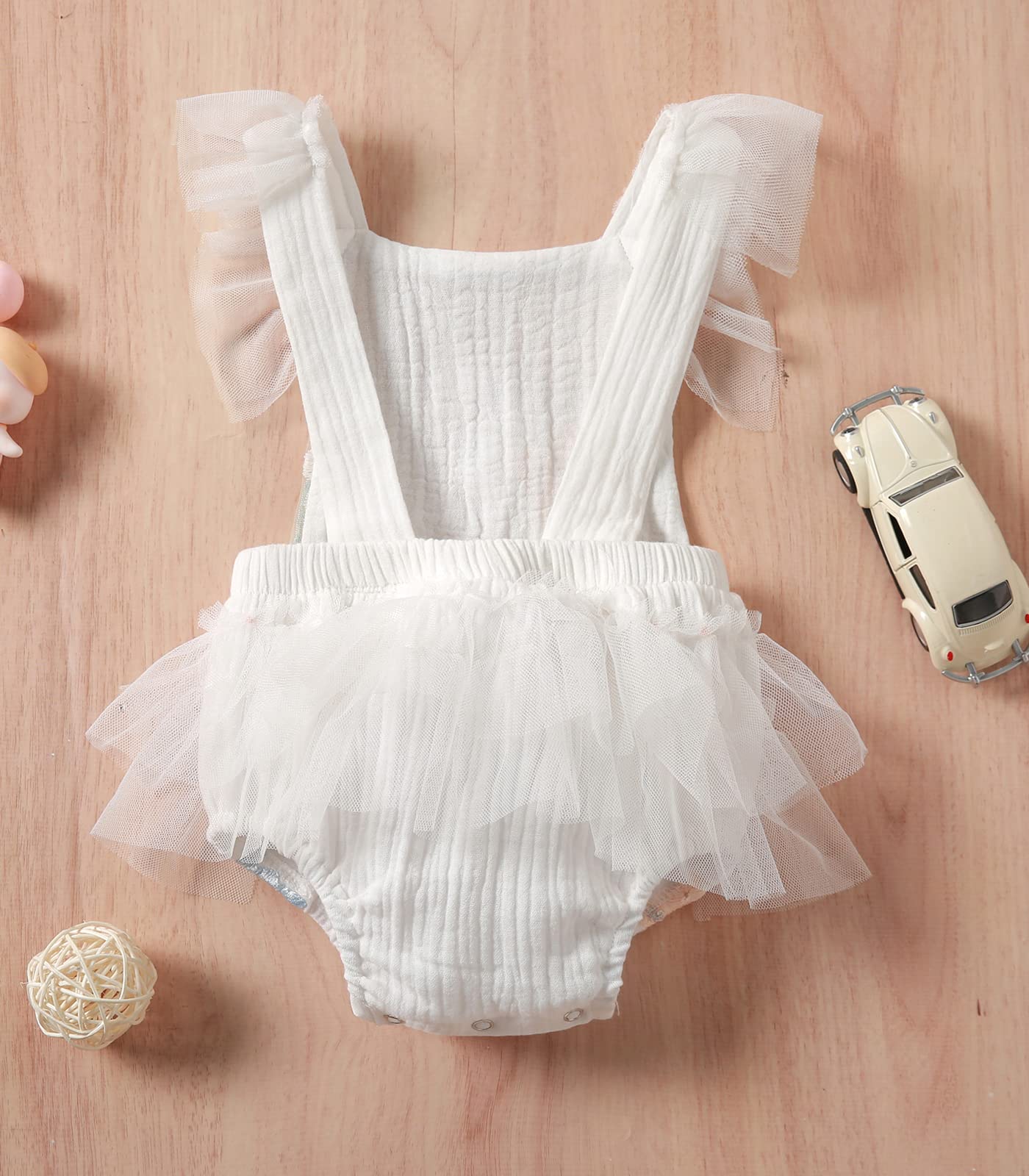 2pcs Summer Baby Girls Romper Dress Headband Knitted Lace Fly Sleeve Solid Ruffles Jumpsuits Clothing(White, 6-12 Months)