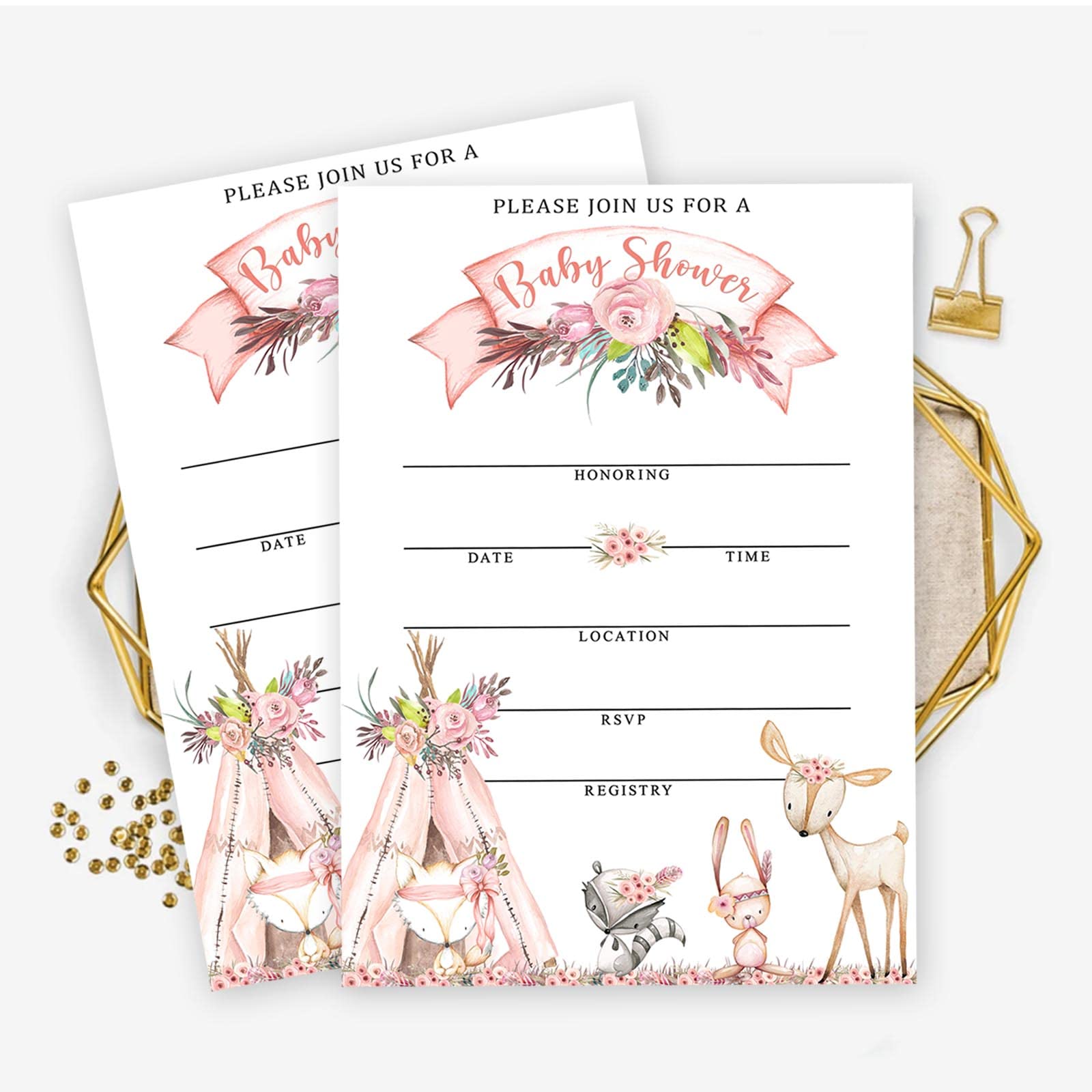 Yuzioey Boho Woodland Baby Shower Invitations, 25 Pack Girl Woodland Invitations Macthing Envelpoes, Diaper Raffle Tickets, Book Request Cards, Pink Teepee Woodland Creatures Invitations