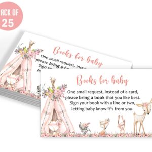 Yuzioey Boho Woodland Baby Shower Invitations, 25 Pack Girl Woodland Invitations Macthing Envelpoes, Diaper Raffle Tickets, Book Request Cards, Pink Teepee Woodland Creatures Invitations