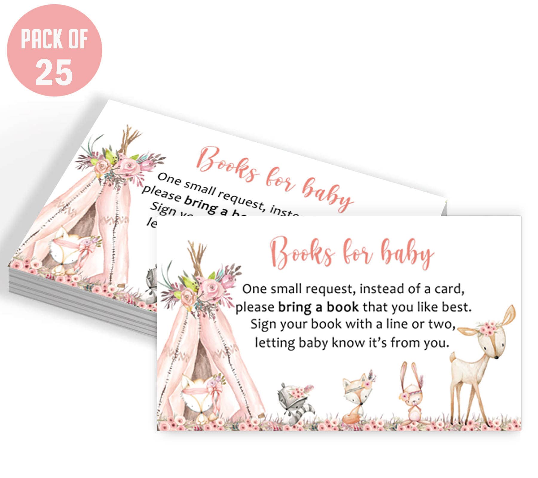 Yuzioey Boho Woodland Baby Shower Invitations, 25 Pack Girl Woodland Invitations Macthing Envelpoes, Diaper Raffle Tickets, Book Request Cards, Pink Teepee Woodland Creatures Invitations