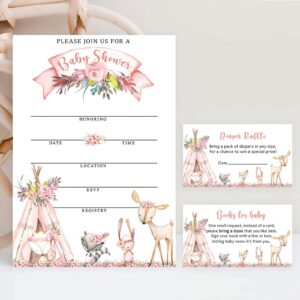 yuzioey boho woodland baby shower invitations, 25 pack girl woodland invitations macthing envelpoes, diaper raffle tickets, book request cards, pink teepee woodland creatures invitations