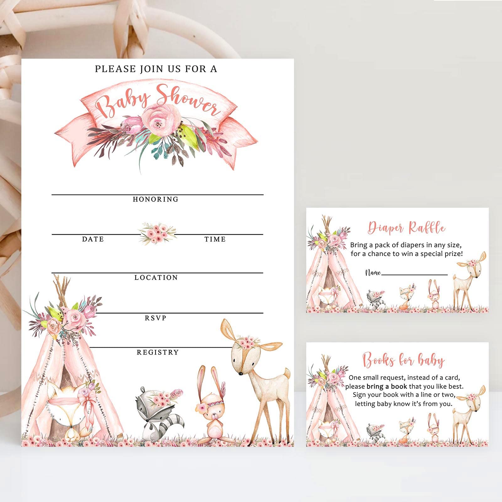 Yuzioey Boho Woodland Baby Shower Invitations, 25 Pack Girl Woodland Invitations Macthing Envelpoes, Diaper Raffle Tickets, Book Request Cards, Pink Teepee Woodland Creatures Invitations