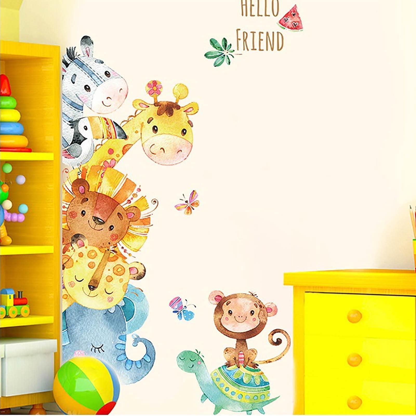 HILUCK Wall Door Stickers Decals Decoration Cartoon Cute Animals Tree Giraffe Horse Lion Elephant Turtle Monkey Deer Jungle Safari Woodland Removable For Children Boy Girl Kids Baby Bedroom Wardrobe Baby Nursery Wall Decor