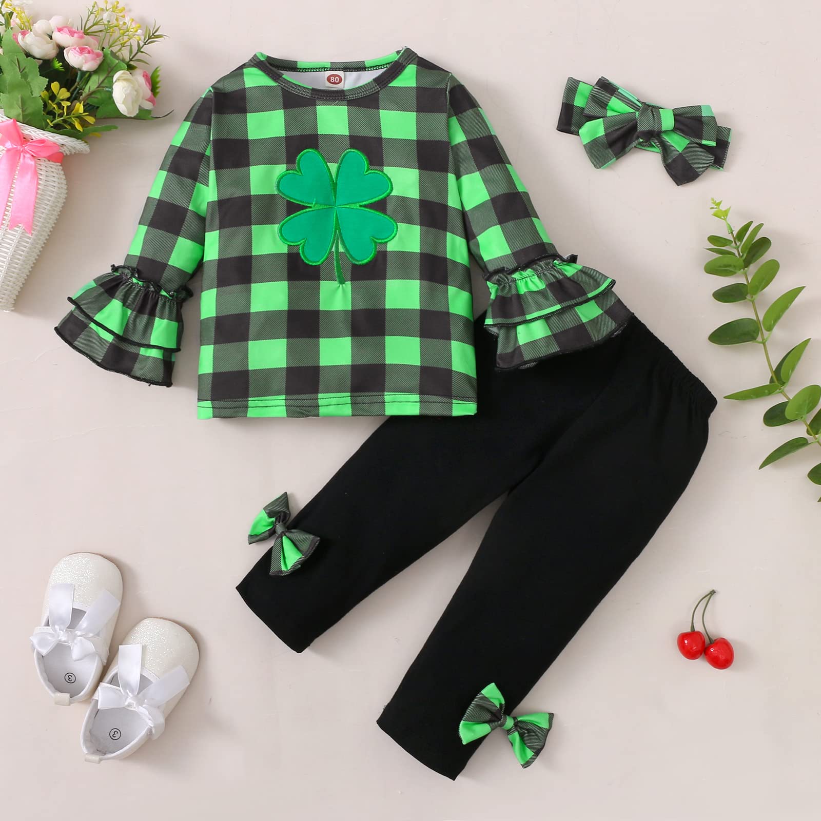 Toddler Girl St. Patrick's Day Clothes Kid Girl Plaid Four Leaf Clover Knitted T-Shirt Top + Flared Pants Spring Outfit (Green- C, 5-6 Years)