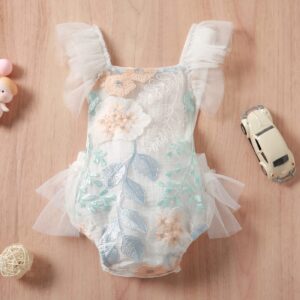 2pcs Summer Baby Girls Romper Dress Headband Knitted Lace Fly Sleeve Solid Ruffles Jumpsuits Clothing(White, 6-12 Months)