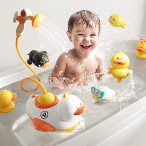 iplay, ilearn duck bath toy for toddlers 1-3, baby electric bathtub water spray toy, infant fun bathtime w/ 4 shower head wind up swim duck, stocking gifts 12 18 month 1 2 3 4 year old kids boys girls