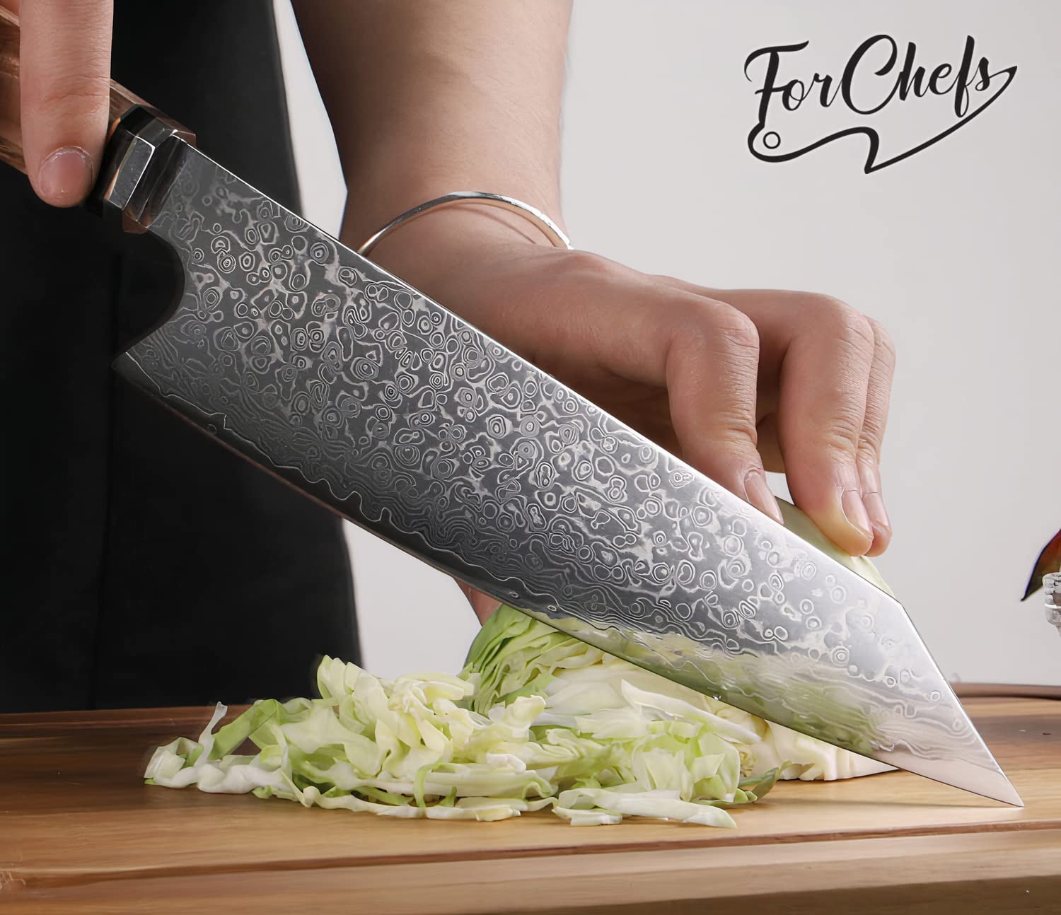 Kiritsuke Chef Knife 8'' ForChefs - 67 Layers Ultra-Sharp Damascus Steel Blade and White Wood Handle, KRT-002