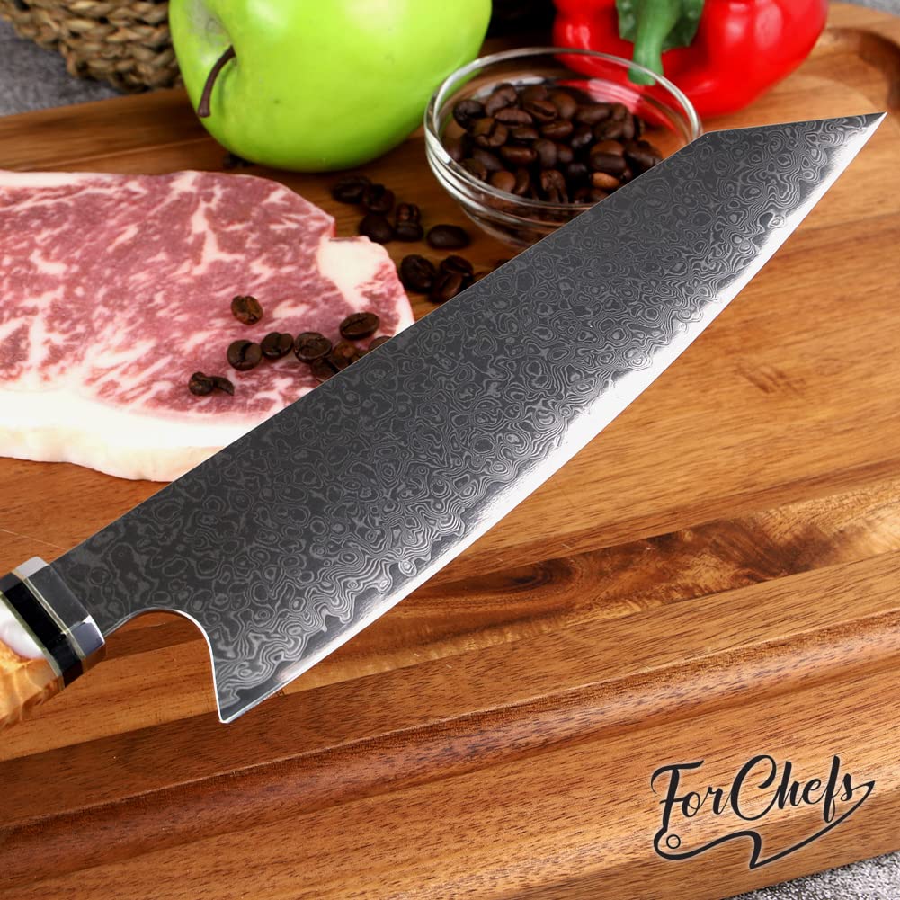 Kiritsuke Chef Knife 8'' ForChefs - 67 Layers Ultra-Sharp Damascus Steel Blade and White Wood Handle, KRT-002