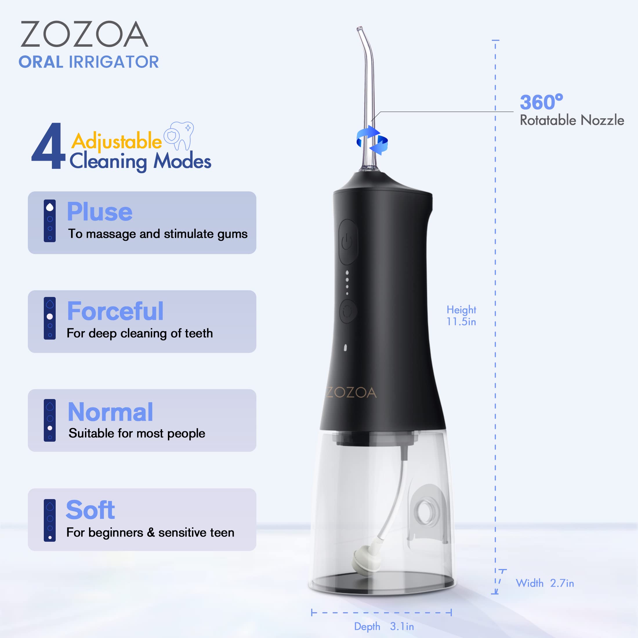 ZOZOA Cordless Water Dental Flosser, 4 Mode Oral Irrigator, Portable Rechargeable Teeth Cleaner, Ipx7 Waterproof, 6 Replacement Jet Tips, 300ml Water Flosser for Teeth Cleaning Braces, Black