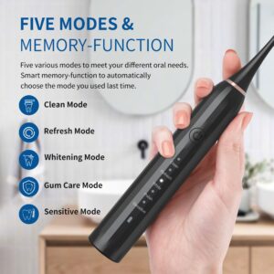 BEBEN Sonic Electric Toothbrush, IPX7 Toothbrush Electric with Long Battery Toothbrush Life for 60 Days, Rechargeable Electronic Toothbrush Set with 5 Tooth Brush Heads-Black