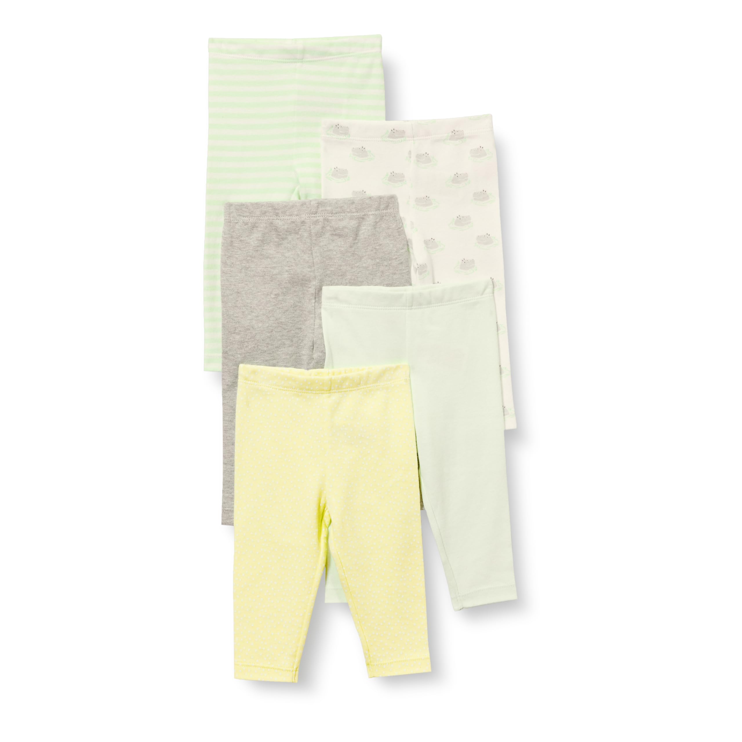 Amazon Essentials Unisex Babies' Leggings, Pack of 5, Bunny/Carrots/Rugby Stripe/Stripe, 6-9 Months