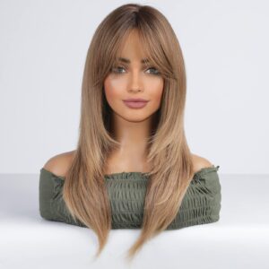 Alanhair Long Ombre Brown Wigs for Women,HAIRCUBE Layered Synthetic Wig with Bangs Heat Resistant Fiber