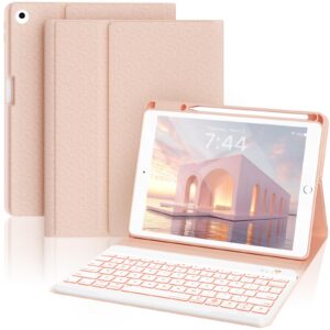 opakit keyboard case for ipad air-2 9.7 inch 2014, 7-color backlit detachable wireless with pencil holder, stand folio cover for 6th 5th generation 2018/2017, pink