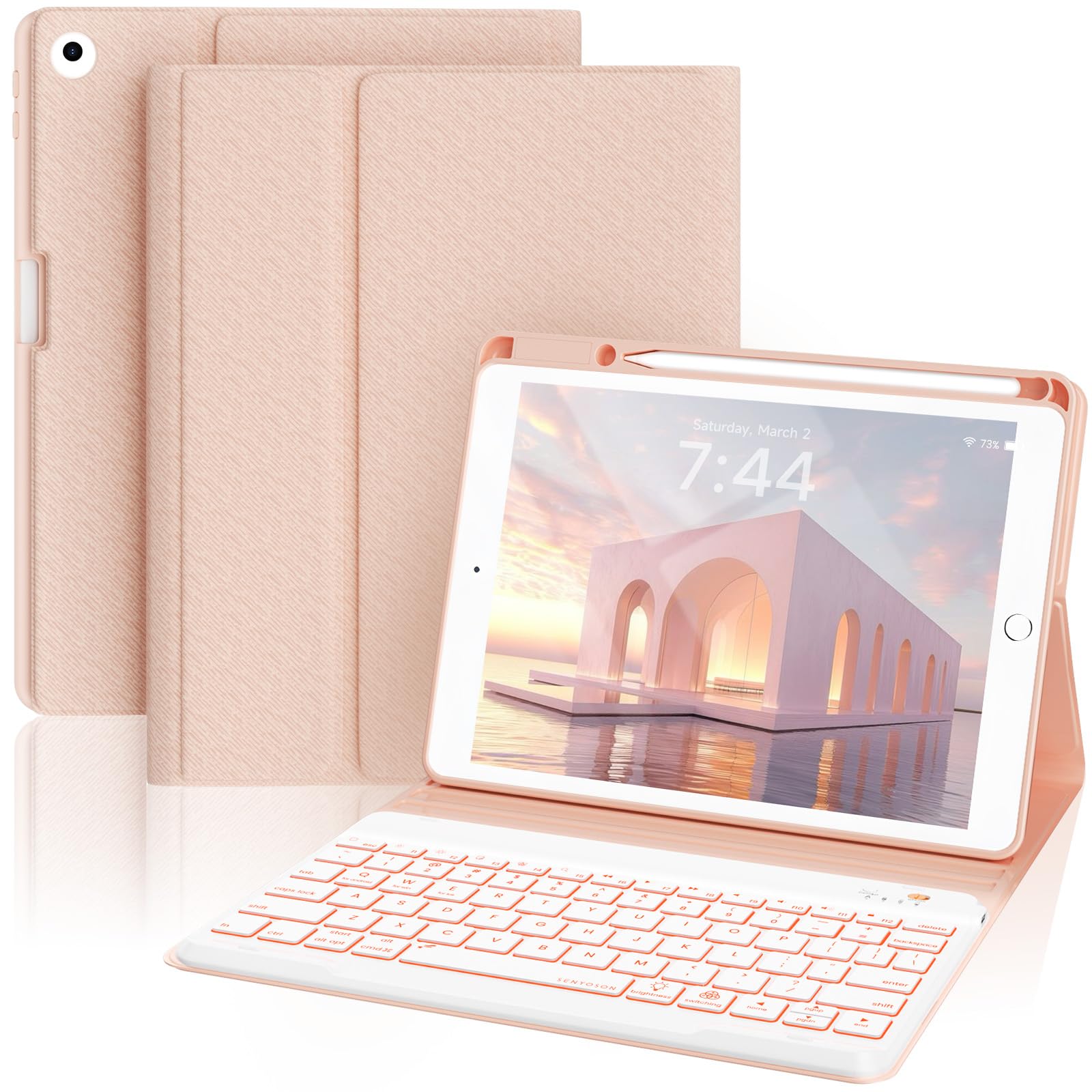 OPAKIT Keyboard Case for iPad Air-2 9.7 Inch 2014, 7-Color Backlit Detachable Wireless with Pencil Holder, Stand Folio Cover for 6th 5th Generation 2018/2017, Pink