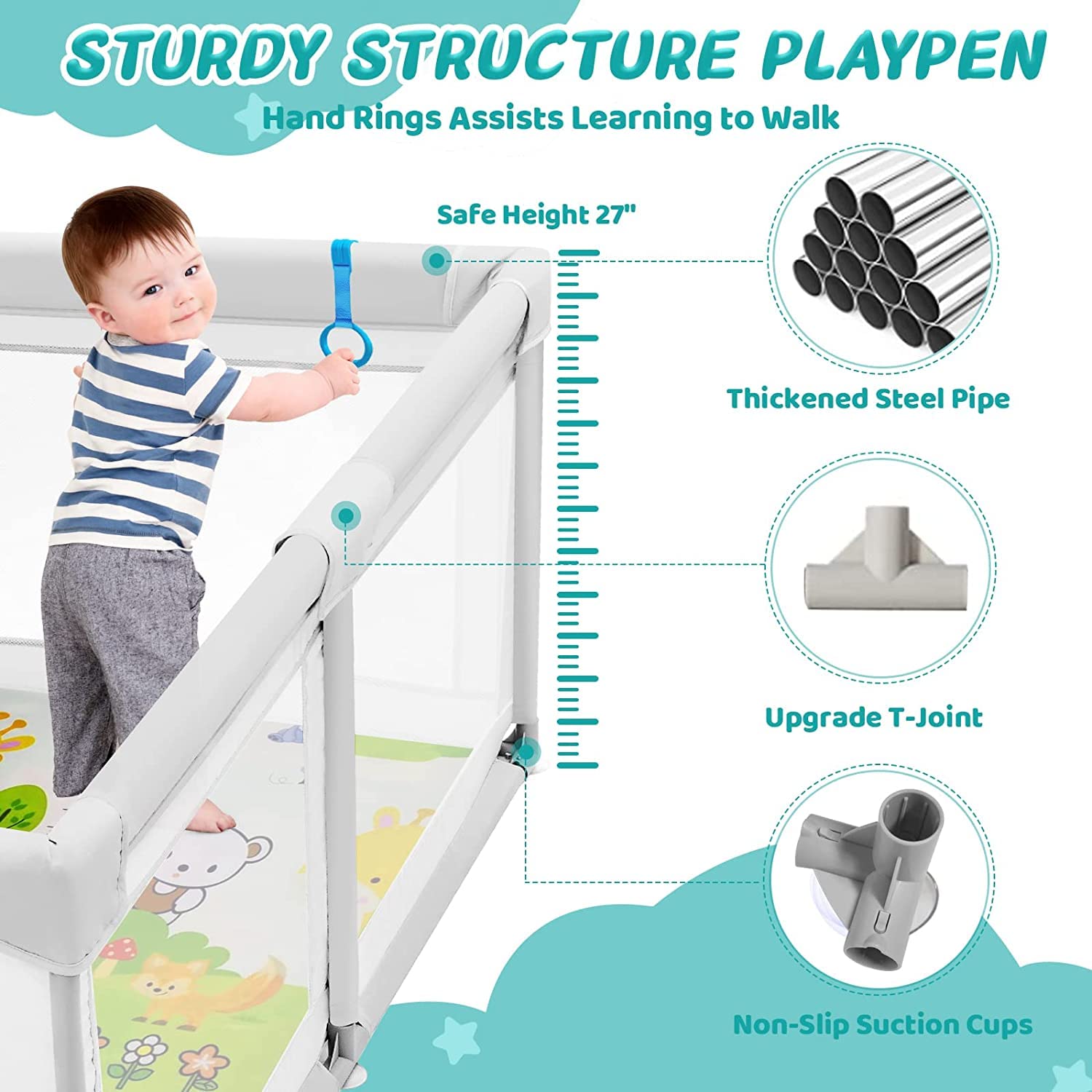 Baby Playpen, Playpen for Babies and Toddlers, Indoor & Outdoor Playard Kids Activity Center with Mat, Anti-Slip Base, Sturdy Safety Baby Playpen with Gate 50''x 50''x 27'' (Light Grey)