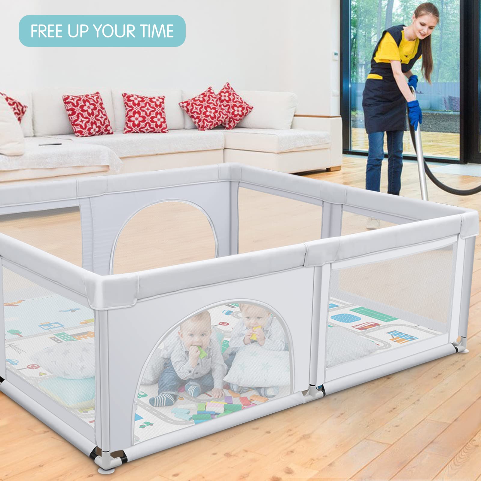 Derson Baby Playpen 79"X71" Extra Large Play Yard with Play Mat, Indoor & Outdoor Kids Fence Area with Breathable Mesh Gates, Safety Sturdiness Baby Fences for Babies, Infant, Toddler, Childs