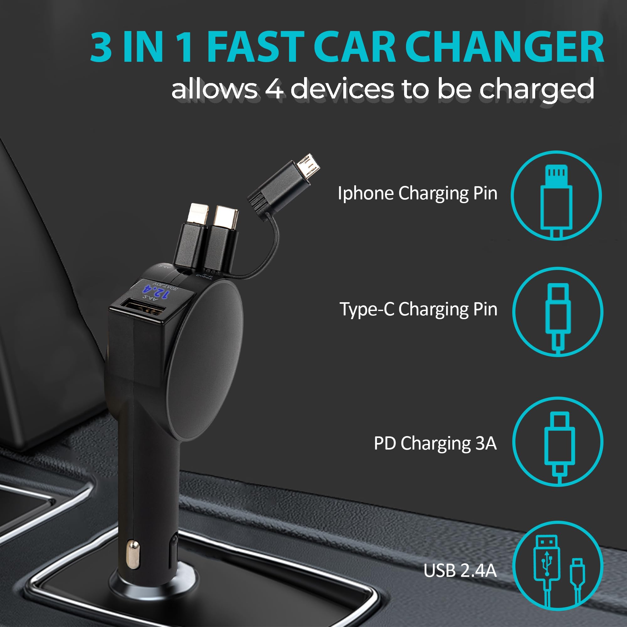 Retractable Car Charger (2.62 ft) - 3 in 1 Fast Car Charge with 66W, Compatible with iPhone, iPad, Samsung and Android