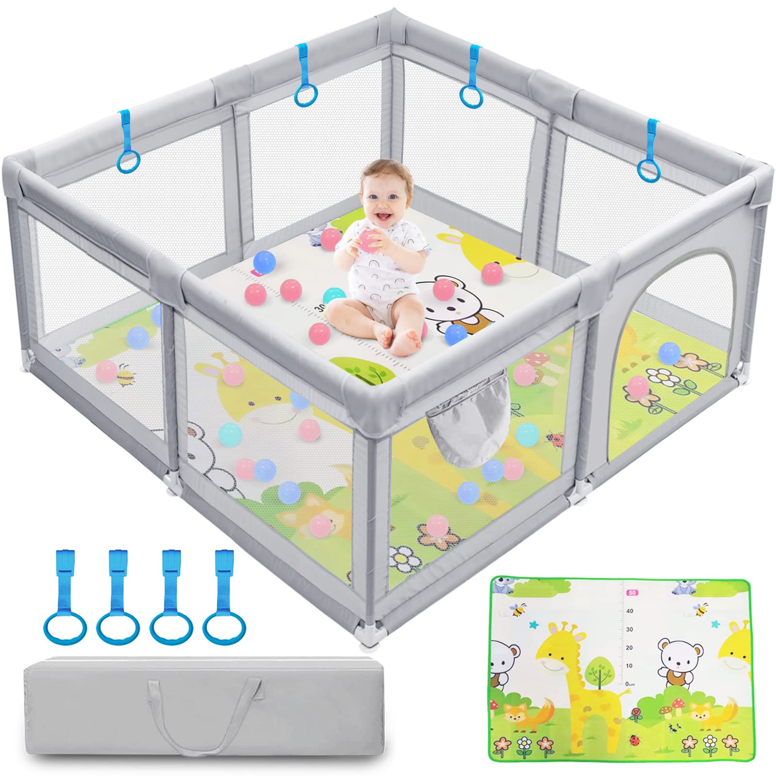 Baby Playpen, Playpen for Babies and Toddlers, Indoor & Outdoor Playard Kids Activity Center with Mat, Anti-Slip Base, Sturdy Safety Baby Playpen with Gate 50''x 50''x 27'' (Light Grey)