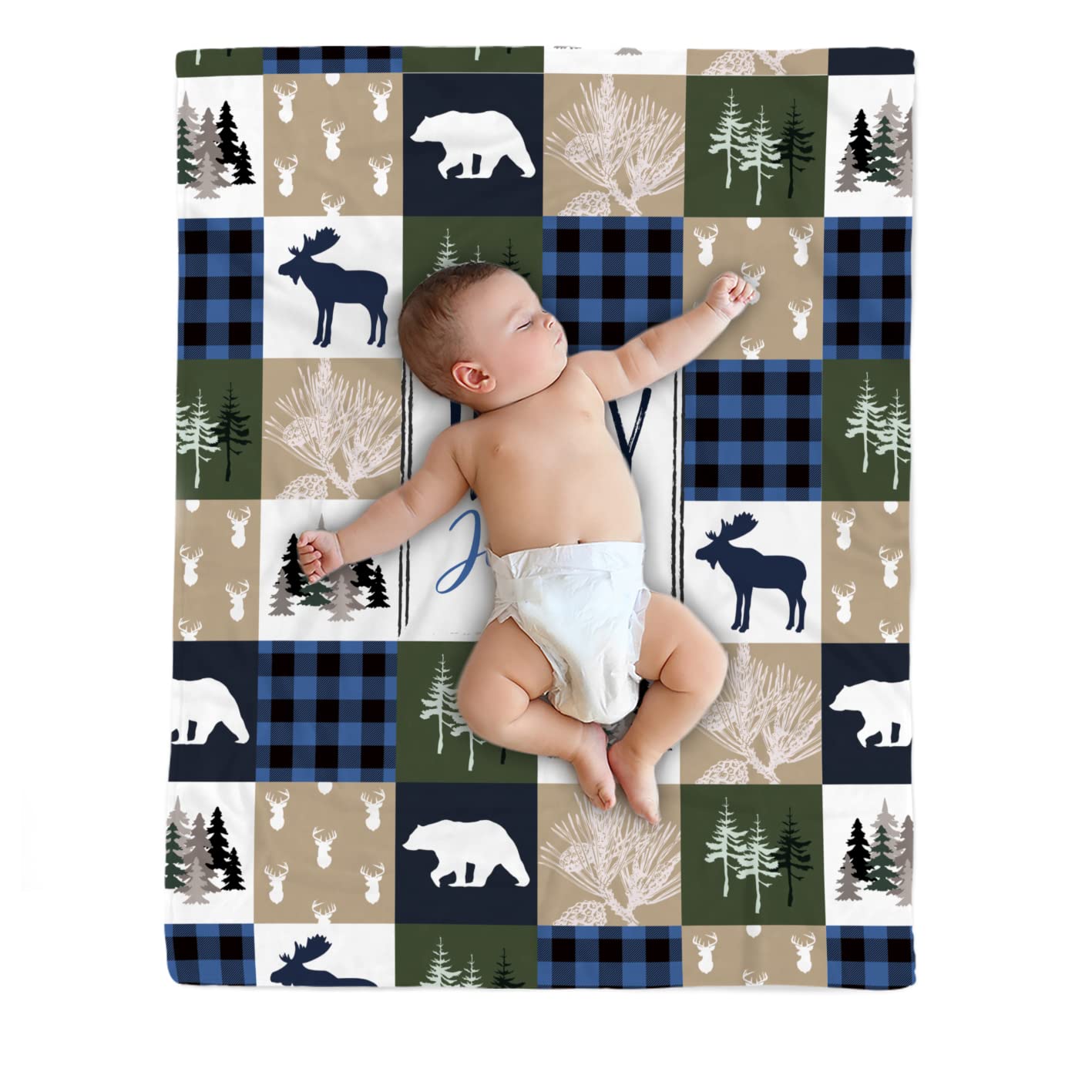 Jump Up Personalized Woodland Nursery Blanket,Navy Greenery Woodland Animals Blanket,Baby Boy Woodland Blanket,Woodland Baby Blankets for Boys,Woodland Theme Blanket, Woodland Blanket Baby Boy