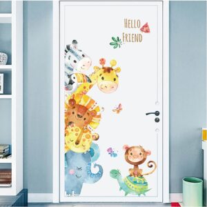 hiluck wall door stickers decals decoration cartoon cute animals tree giraffe horse lion elephant turtle monkey deer jungle safari woodland removable for children boy girl kids baby bedroom wardrobe baby nursery wall decor