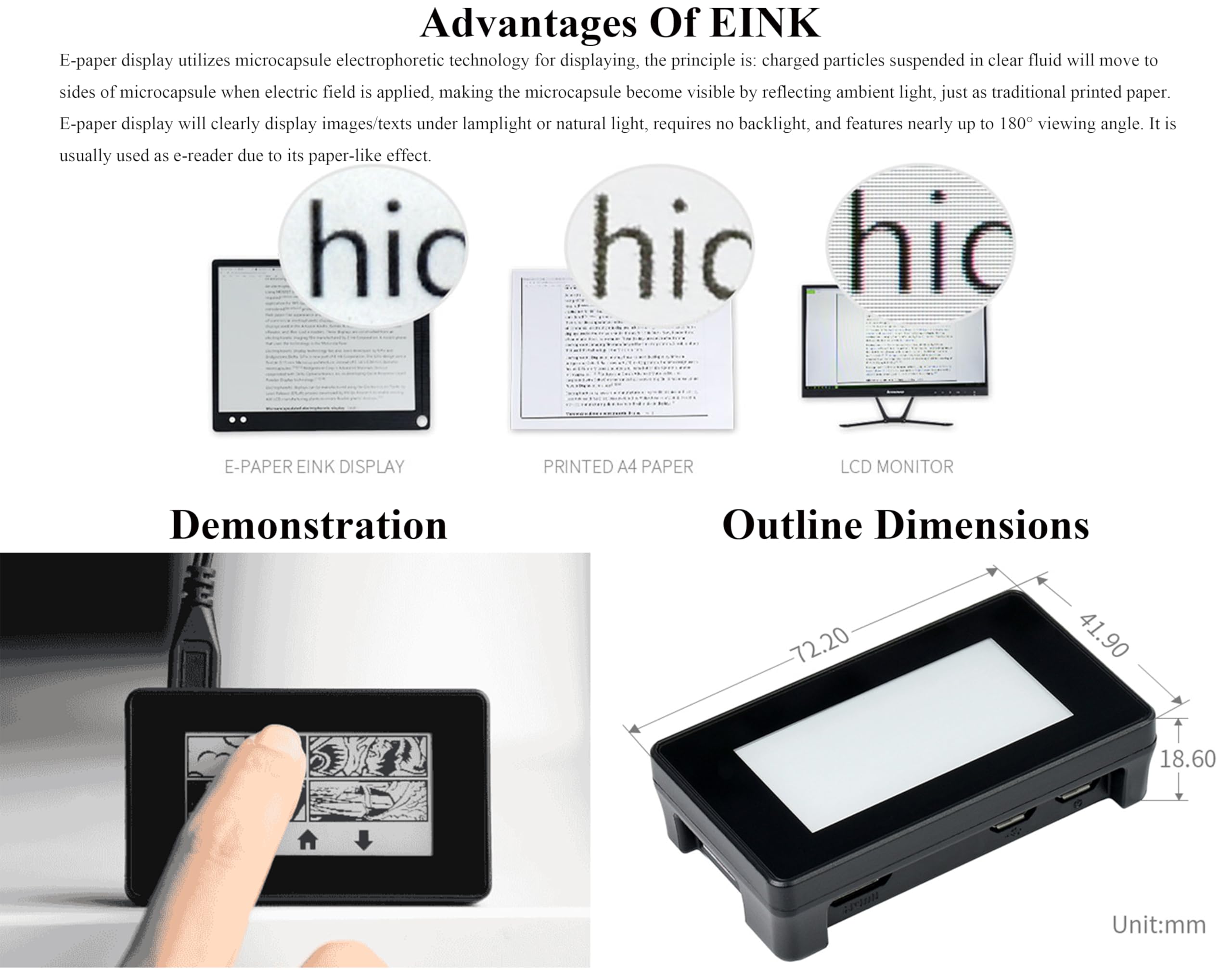 2.13inch Touch e-Paper Display with ABS Case for Raspberry Pi Zero 2 W/Raspberry Pi Zero/Pi Zero W/Pi Zero WH, 250x122 Pixels E-Ink, Paper-Like Effect Support Partial Refresh