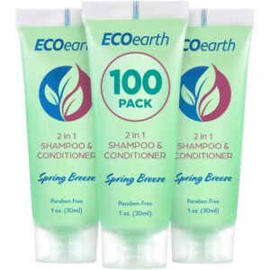 ecoearth travel size shampoo conditioner 2-in-1 (1 fl oz, 100 pk, spring breeze) delight your guests w/revitalizing & refreshing conditioning shampoo amenities, small size hotel toiletries in bulk