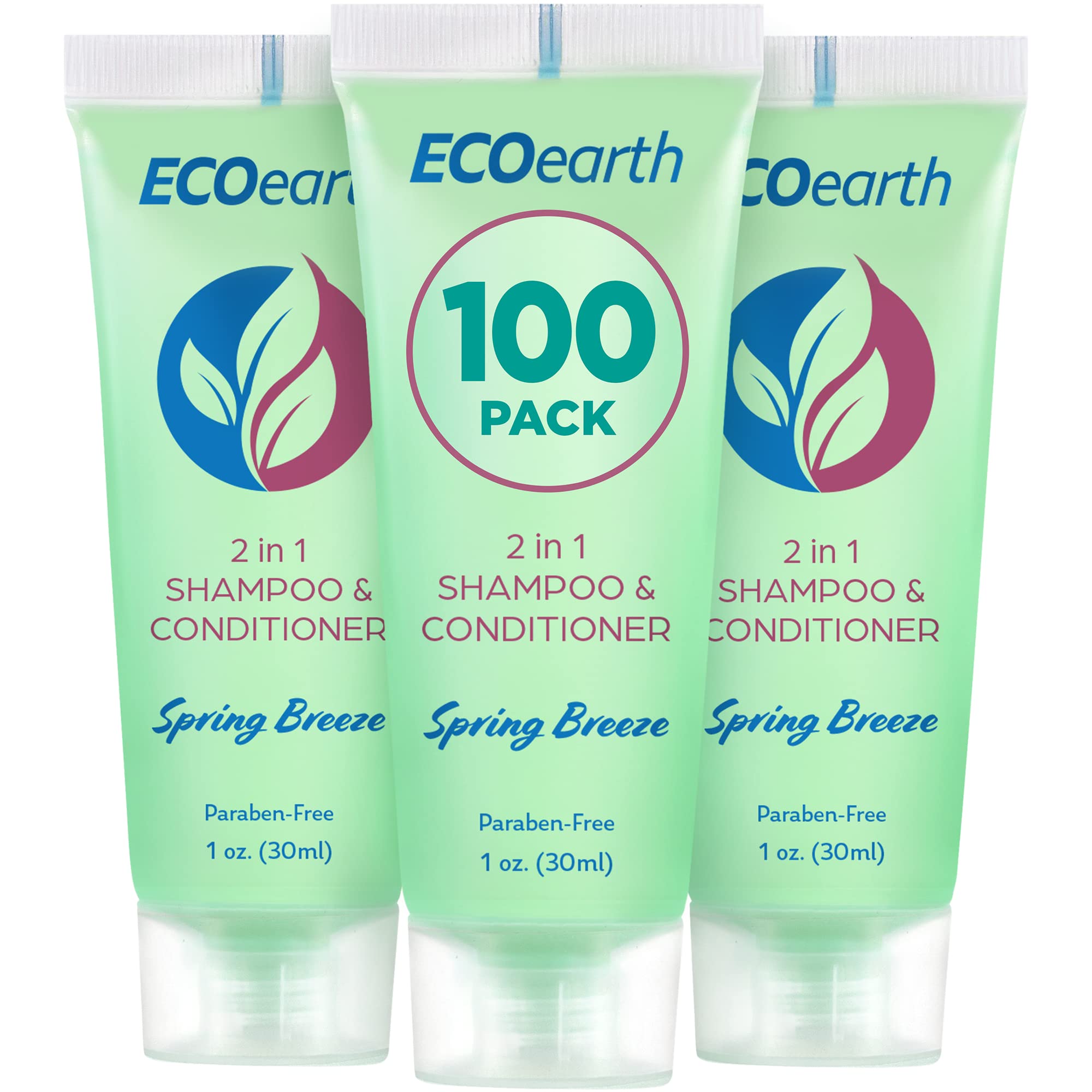 EcoEarth Travel Size Shampoo Conditioner 2-in-1 (1 fl oz, 100 PK, Spring Breeze) Delight Your Guests w/Revitalizing & Refreshing Conditioning Shampoo Amenities, Small Size Hotel Toiletries in Bulk