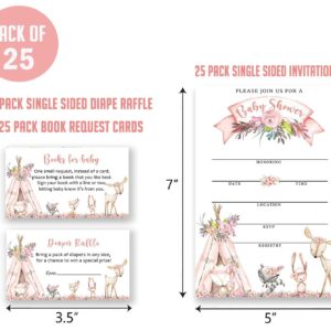 Yuzioey Boho Woodland Baby Shower Invitations, 25 Pack Girl Woodland Invitations Macthing Envelpoes, Diaper Raffle Tickets, Book Request Cards, Pink Teepee Woodland Creatures Invitations