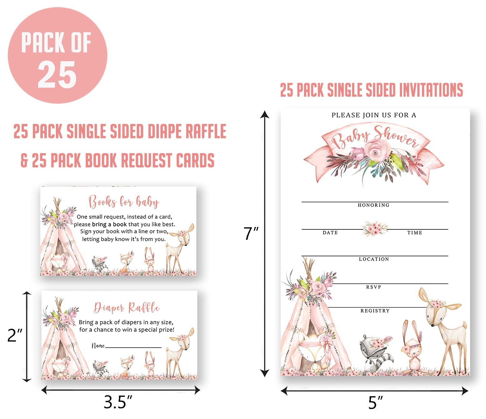 Yuzioey Boho Woodland Baby Shower Invitations, 25 Pack Girl Woodland Invitations Macthing Envelpoes, Diaper Raffle Tickets, Book Request Cards, Pink Teepee Woodland Creatures Invitations