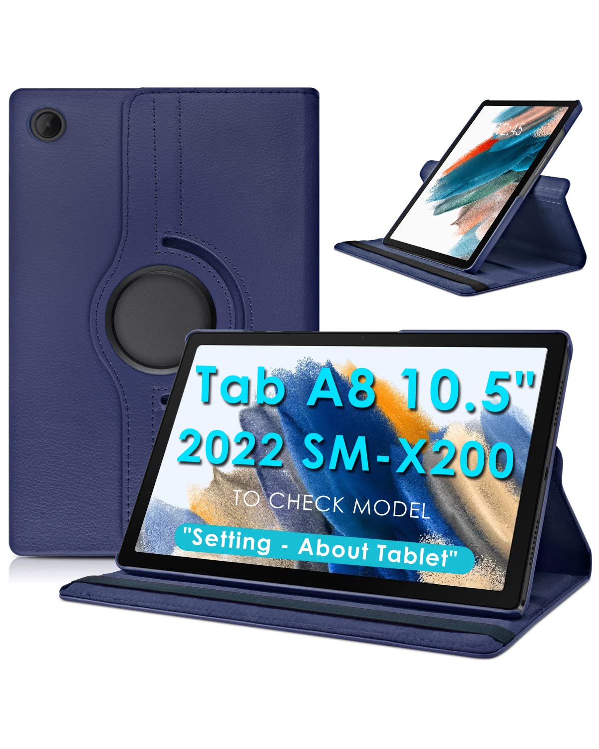 DETUOSI Rotating Case for Samsung Galaxy Tab A8 10.5 inch 2022 (SM-X200/X205/X207), Galaxy Tab A8 10.5" Tablet Cover,【Auto Sleep/Wake】 360 Degree Swivel Stand Folio Flip Leather Book Cover #Dark Blue