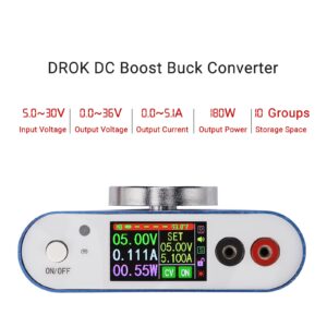 Buck Boost Converter 12V, DROK 6V-30V to 0-36V 5.1A 180W Adjustable Power Converter, 6V 12V 24V 36V Power Supply with Remote Control, LCD Digital Display Temperature Voltage Regulator