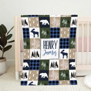 Jump Up Personalized Woodland Nursery Blanket,Navy Greenery Woodland Animals Blanket,Baby Boy Woodland Blanket,Woodland Baby Blankets for Boys,Woodland Theme Blanket, Woodland Blanket Baby Boy