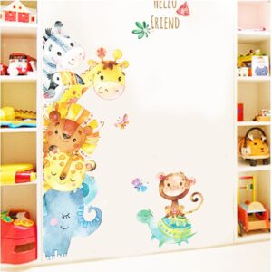 HILUCK Wall Door Stickers Decals Decoration Cartoon Cute Animals Tree Giraffe Horse Lion Elephant Turtle Monkey Deer Jungle Safari Woodland Removable For Children Boy Girl Kids Baby Bedroom Wardrobe Baby Nursery Wall Decor