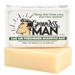 grown ass man co. - solid shampoo bar rich lather 3 in 1: hair, beard & body wash - plastic free & eco-friendly, natural & organic for all hair types, 4oz bar (car air freshener, single)