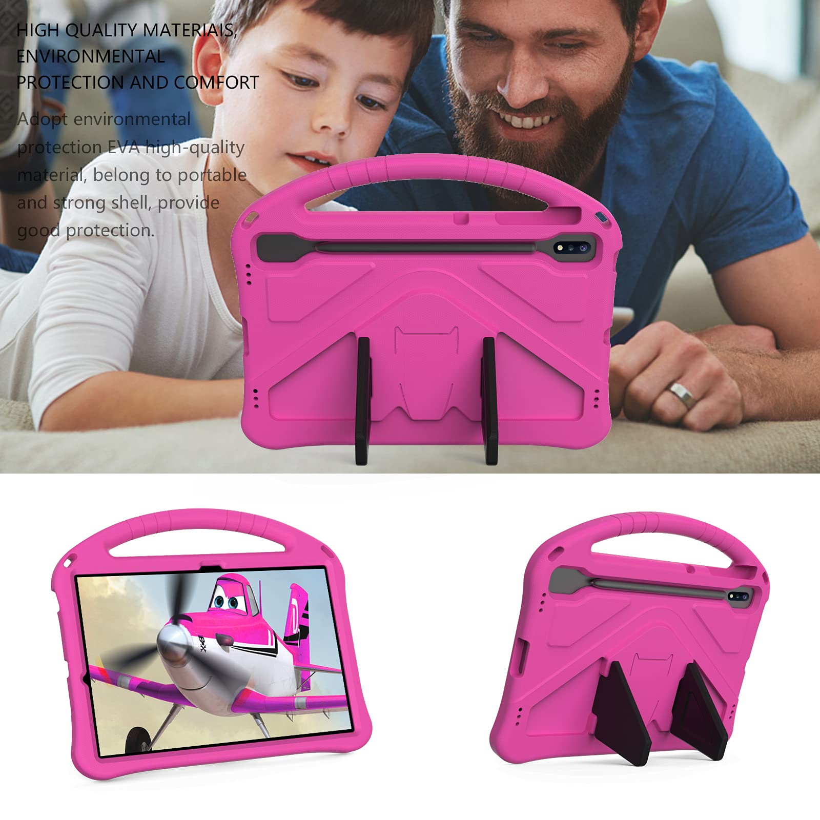 UUcovers Kids Case for Galaxy Tab S9 Plus/Tab S9 FE Plus 2023/Tab S7 FE 5G 2021/Tab S8 Plus 2022/Tab S7 Plus 2020 12.4 inch with S Pen Holder/Handle Stand Cover for Tab S9 FE+/S7 FE/S9+/S8+/S7+, Rose