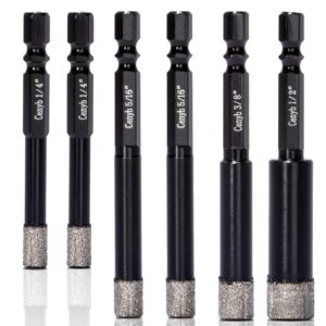 cenyb diamond core drill bits set for granite ceramic marble tile stone glass procelain, 6 pcs hex shank vacuum brazed hole saws kit(1/4” x2, 5/16” x2, 3/8”, 1/2”)