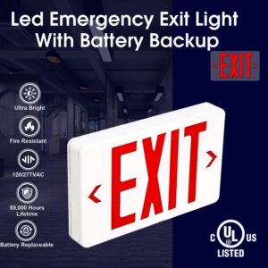 LED Emergency Exit Sign with 90 Minute Battery Backup, Double Sided Red Emergency Exit Light, US Common Criteria, ABS Fire Resistant (UL Listed 120-277V) (1 Pack)