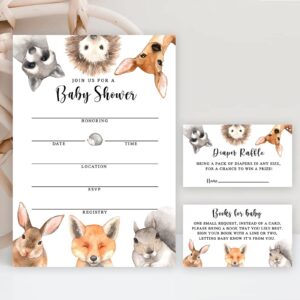 yuzioey woodland baby shower invitations, 25 pack boy woodland invitations macthing envelpoes, diaper raffle tickets, book request cards