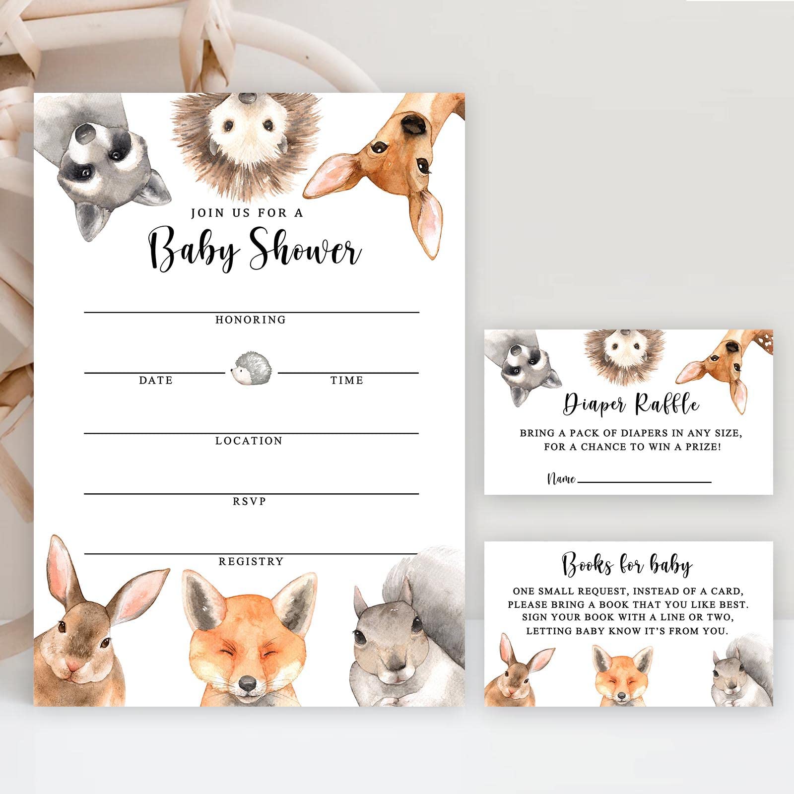 Yuzioey Woodland Baby Shower Invitations, 25 Pack Boy Woodland Invitations Macthing Envelpoes, Diaper Raffle Tickets, Book Request Cards