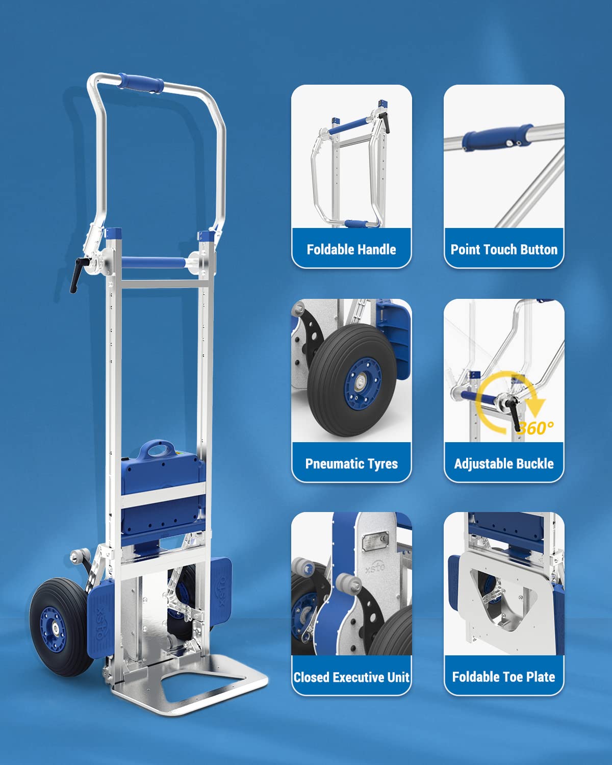 XSTO ZW7170EC Electric Stair Climbing & Foldable Aluminum Hand Truck with Retractable 4th Wheel Attachment and Pneumatic Wheels - 375LBS Capacity Stair Climbing Hand Truck Dolly for Furniture Moving