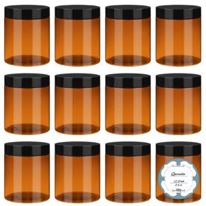 qeirudu 8 oz amber plastic jars with lids and labels, 12 pack empty brown body butter containers for body scrub, cosmetic beauty products, creams and lotion