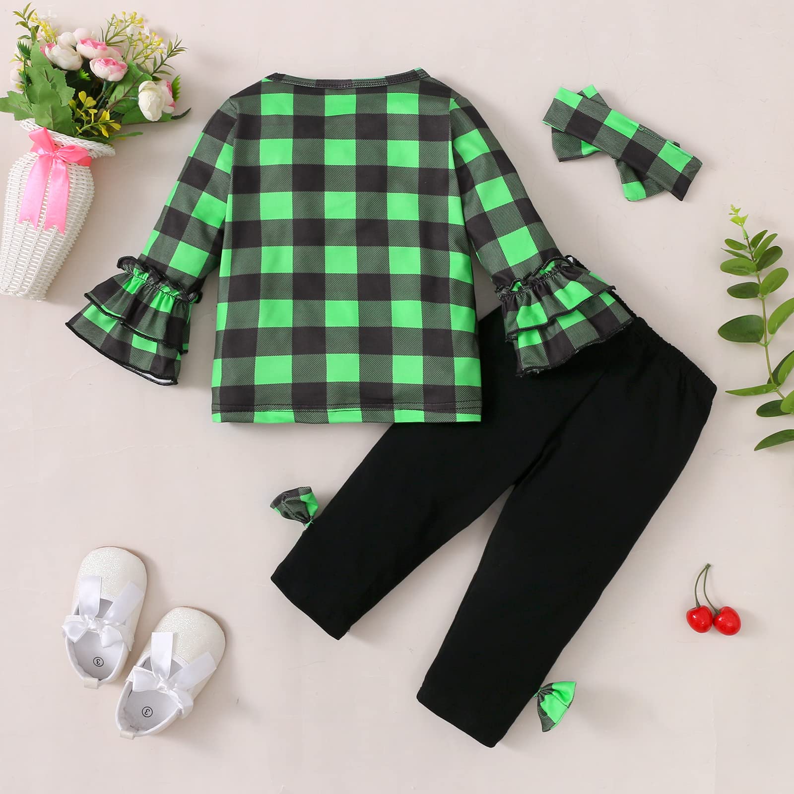 Toddler Girl St. Patrick's Day Clothes Kid Girl Plaid Four Leaf Clover Knitted T-Shirt Top + Flared Pants Spring Outfit (Green- C, 5-6 Years)