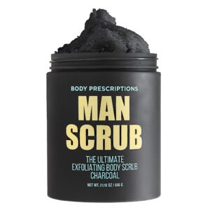 body prescriptions men’s exfoliating body scrub – ultimate skin cleansing wash in jar with twist-top lid, for all skin types, 21 ounce (pack of 1), charcoal