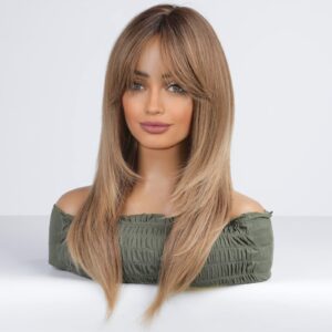 Alanhair Long Ombre Brown Wigs for Women,HAIRCUBE Layered Synthetic Wig with Bangs Heat Resistant Fiber