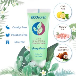 EcoEarth Travel Size Shampoo Conditioner 2-in-1 (1 fl oz, 100 PK, Spring Breeze) Delight Your Guests w/Revitalizing & Refreshing Conditioning Shampoo Amenities, Small Size Hotel Toiletries in Bulk