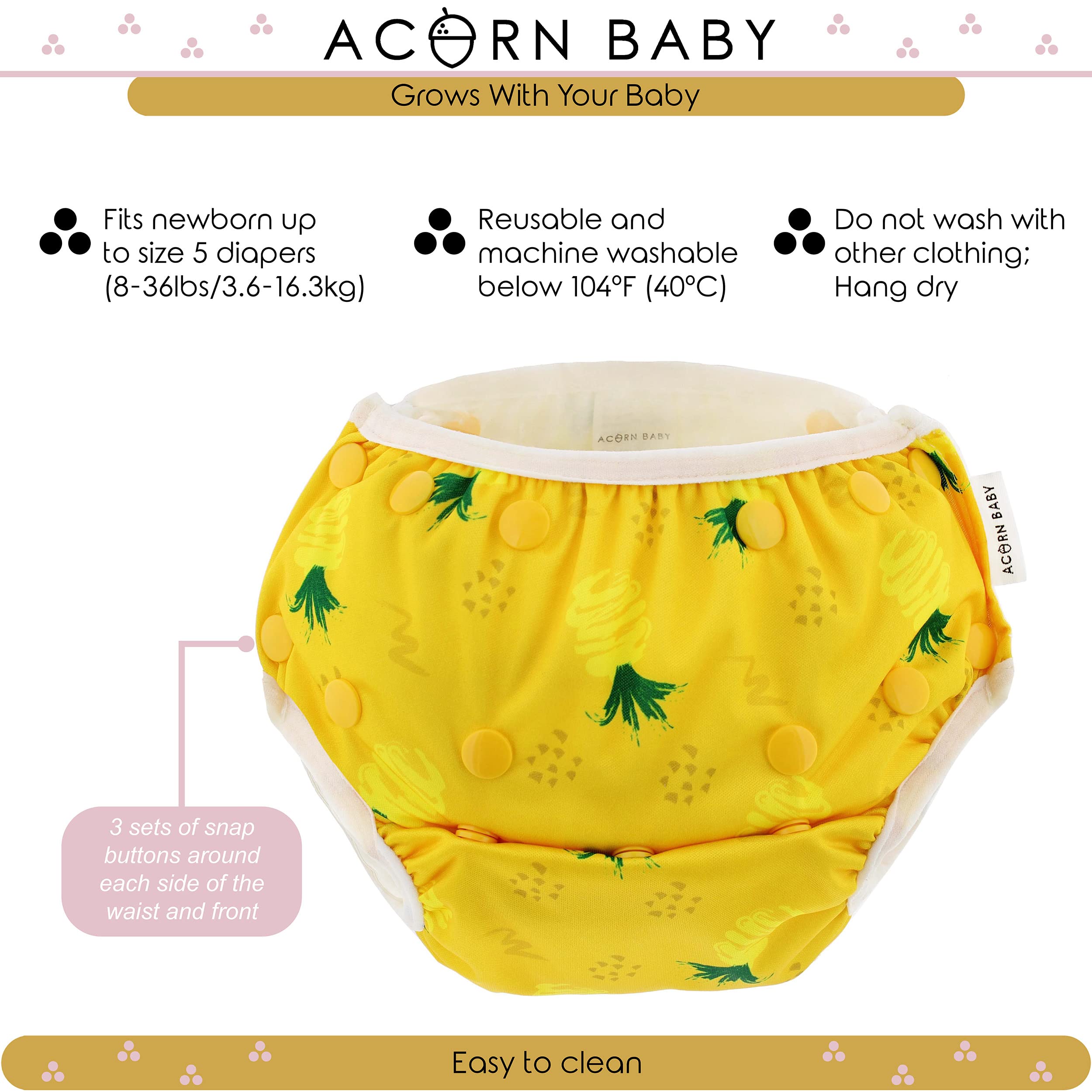 Acorn Baby Swim Diaper - Yellow Pineapple Size 0-5 Adjustable Toddler and Baby Swimming Diaper Reusable Swimmers